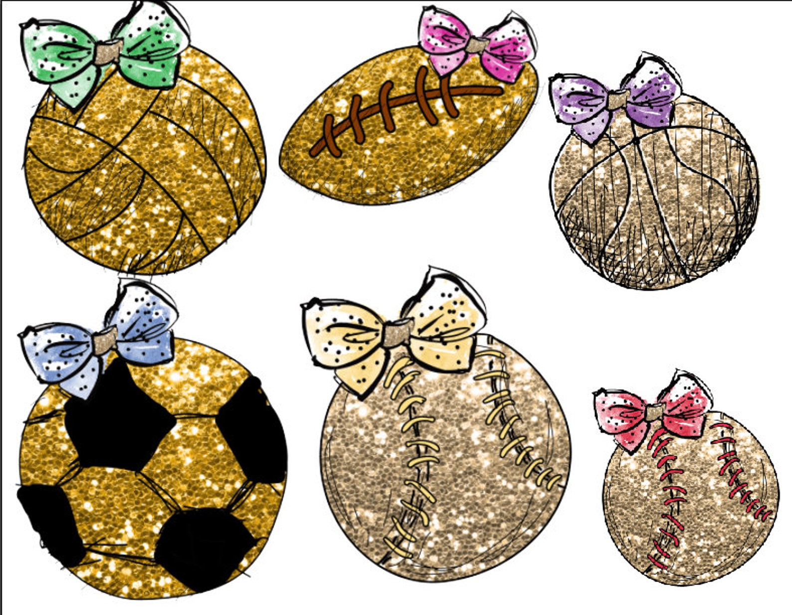 Digital File Set of Glitter Sports Balls With and Without Bows Plus ...