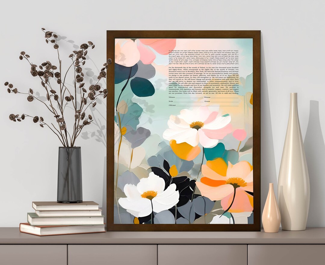 Floral Ketubah Acrylic Hand Painted Ketubah Modern Interfaith Jewish Wedding Certificate Floral ...