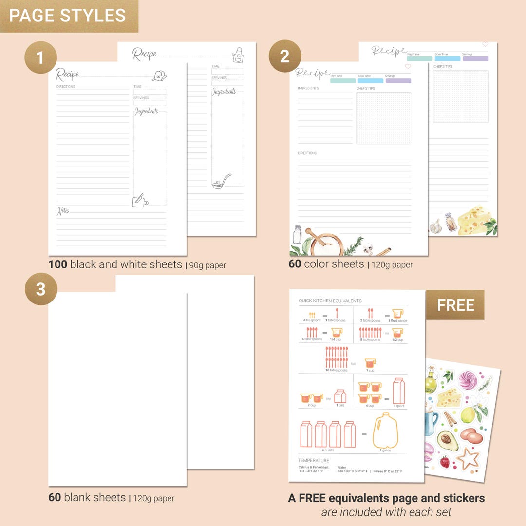 A5 and A6 Recipe Book Inserts With Dividers, Recipe Book Pages Cook ...