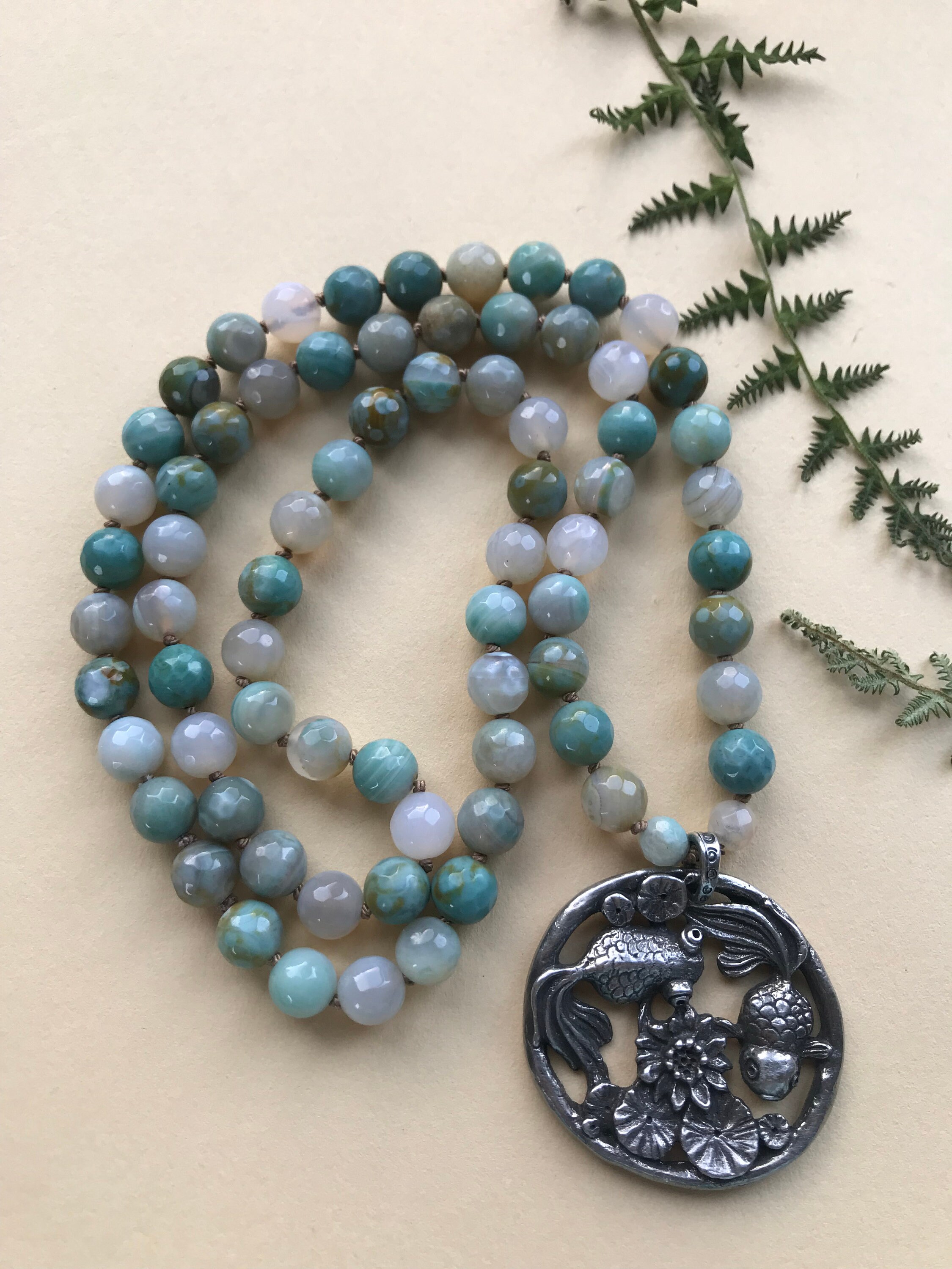 Teal Banded Agate Gemstone Necklace With Pewter green Girl Koi Pendant ...