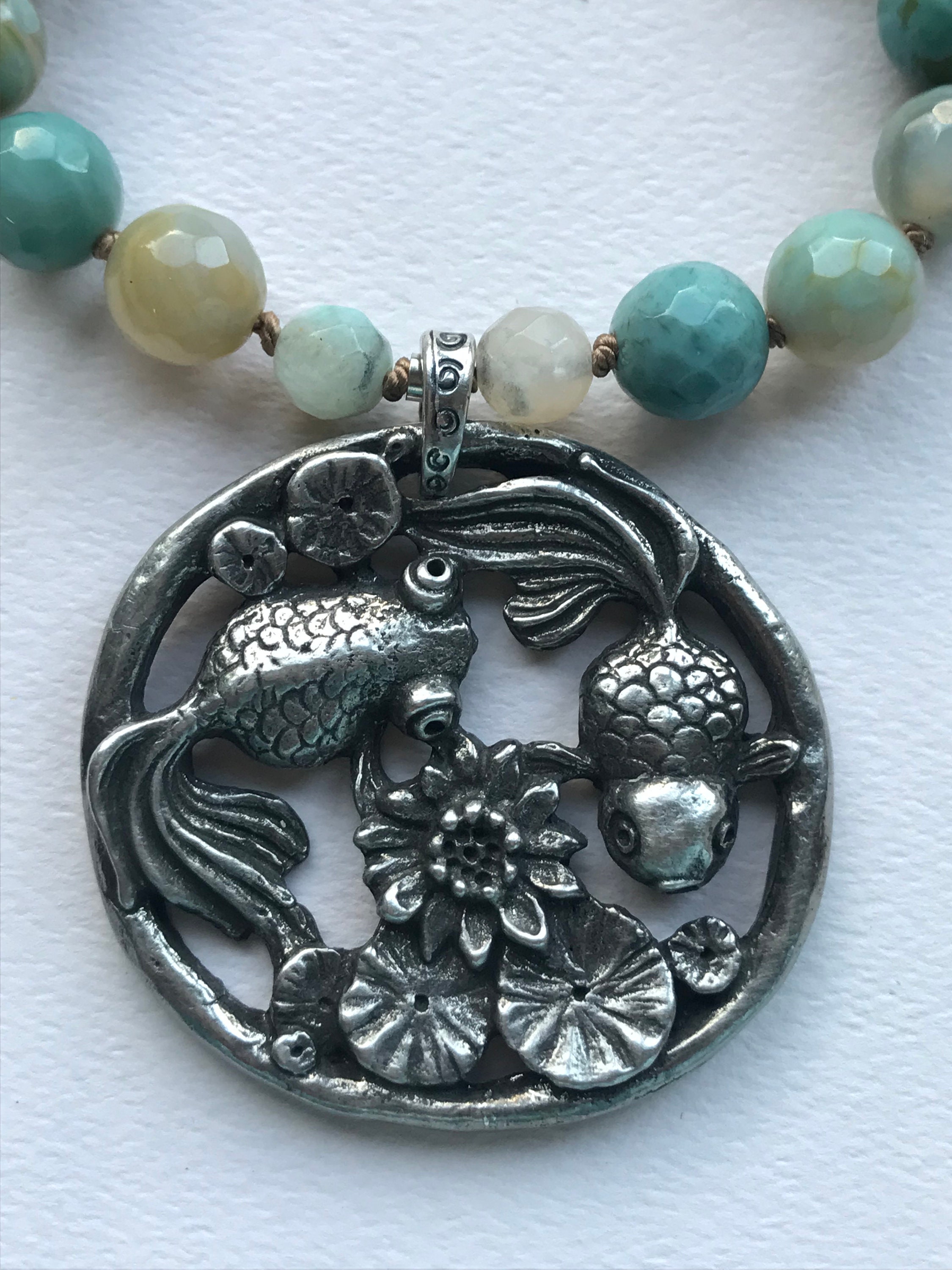 Teal Banded Agate Gemstone Necklace With Pewter green Girl Koi Pendant ...
