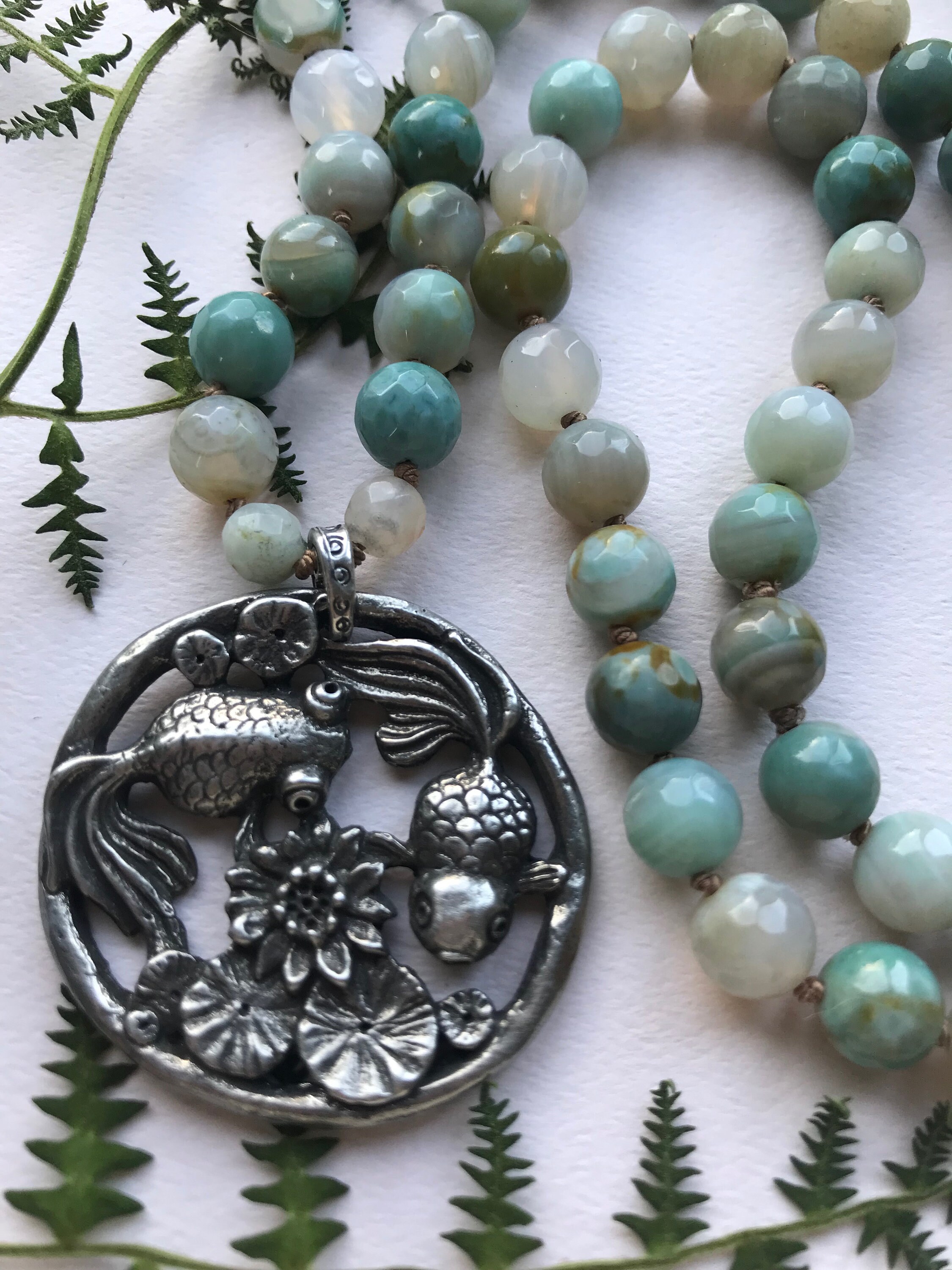 Teal Banded Agate Gemstone Necklace With Pewter green Girl Koi Pendant ...