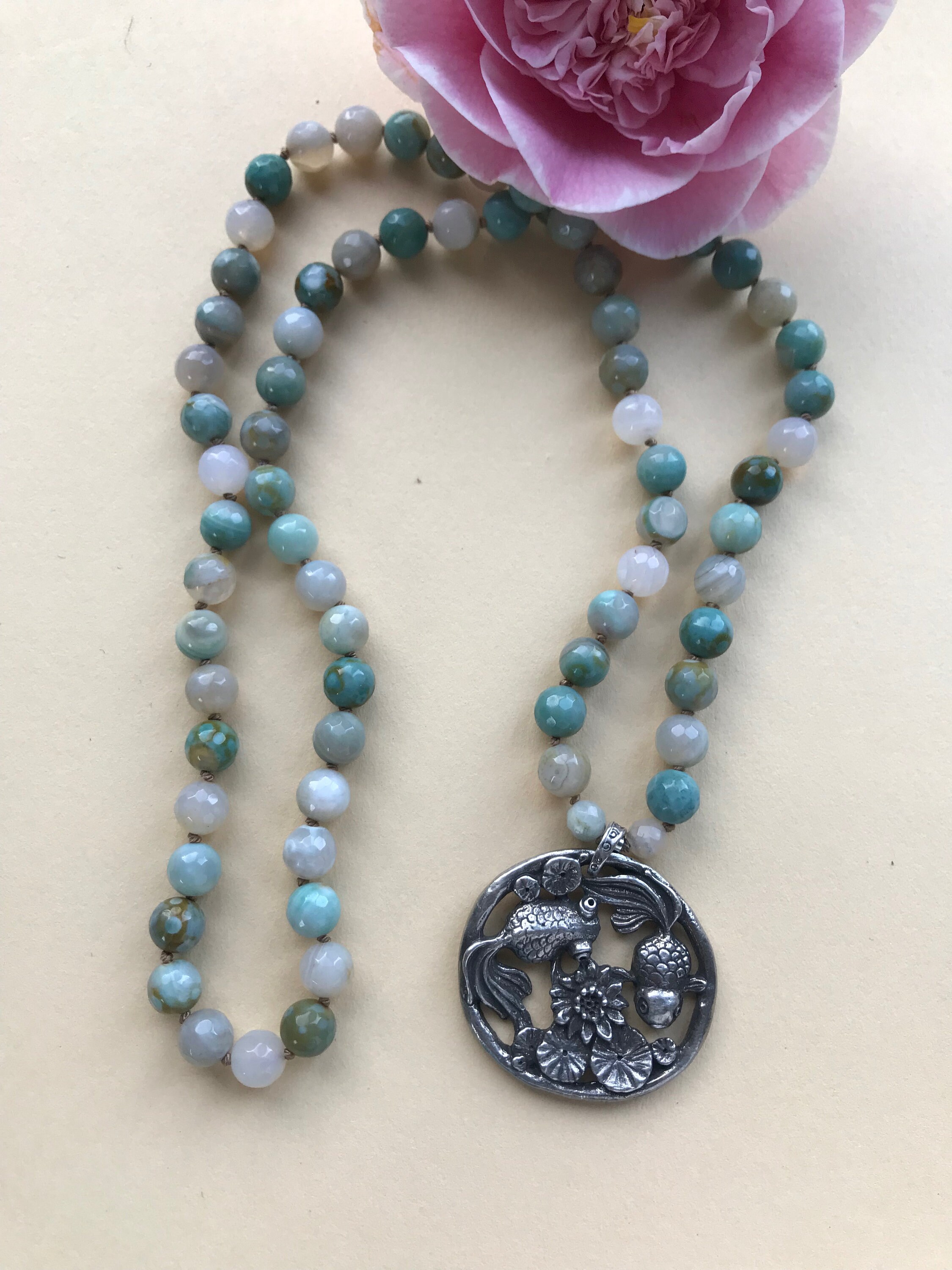 Teal Banded Agate Gemstone Necklace With Pewter green Girl Koi Pendant ...