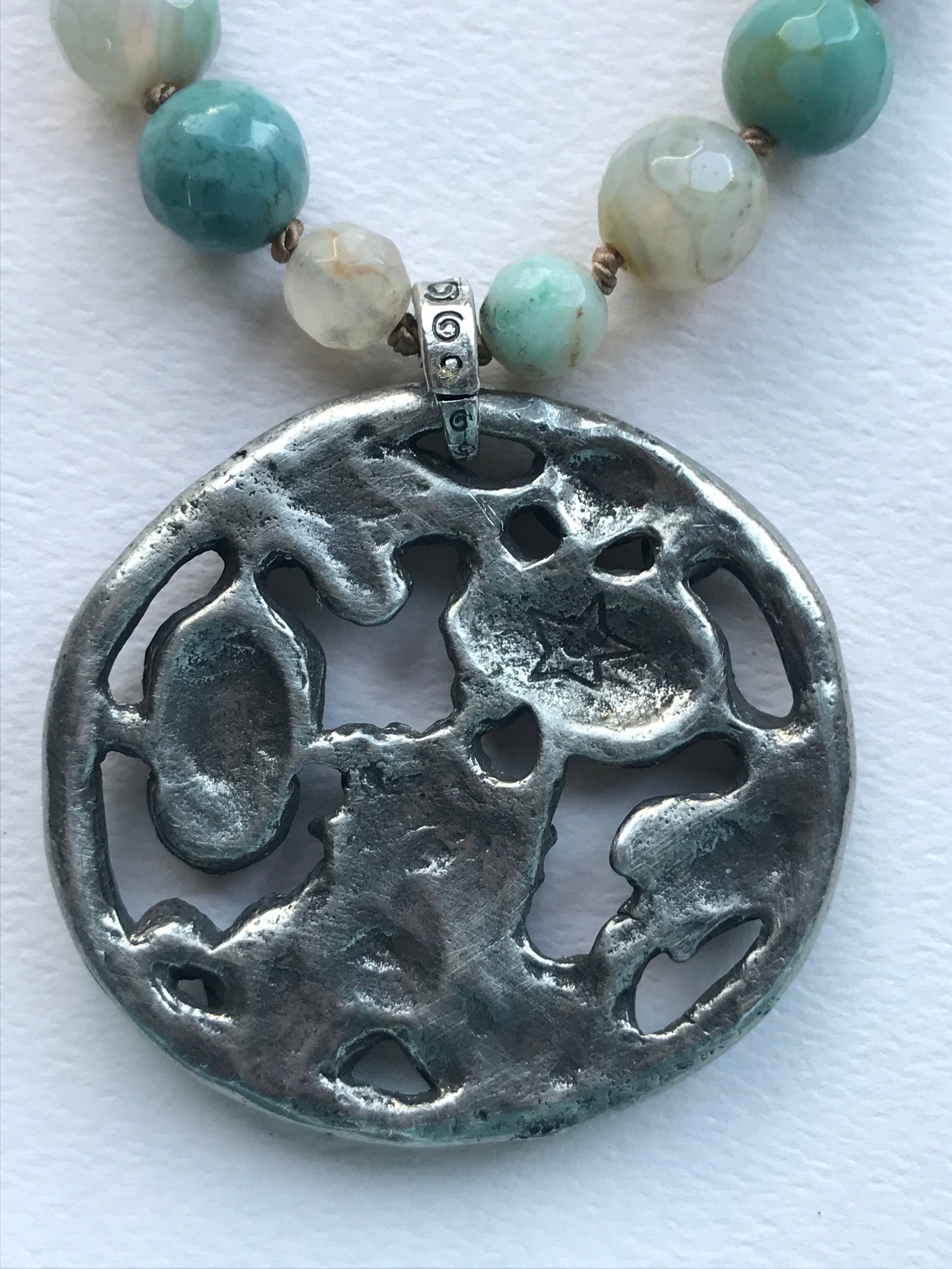Teal Banded Agate Gemstone Necklace With Pewter green Girl Koi Pendant ...