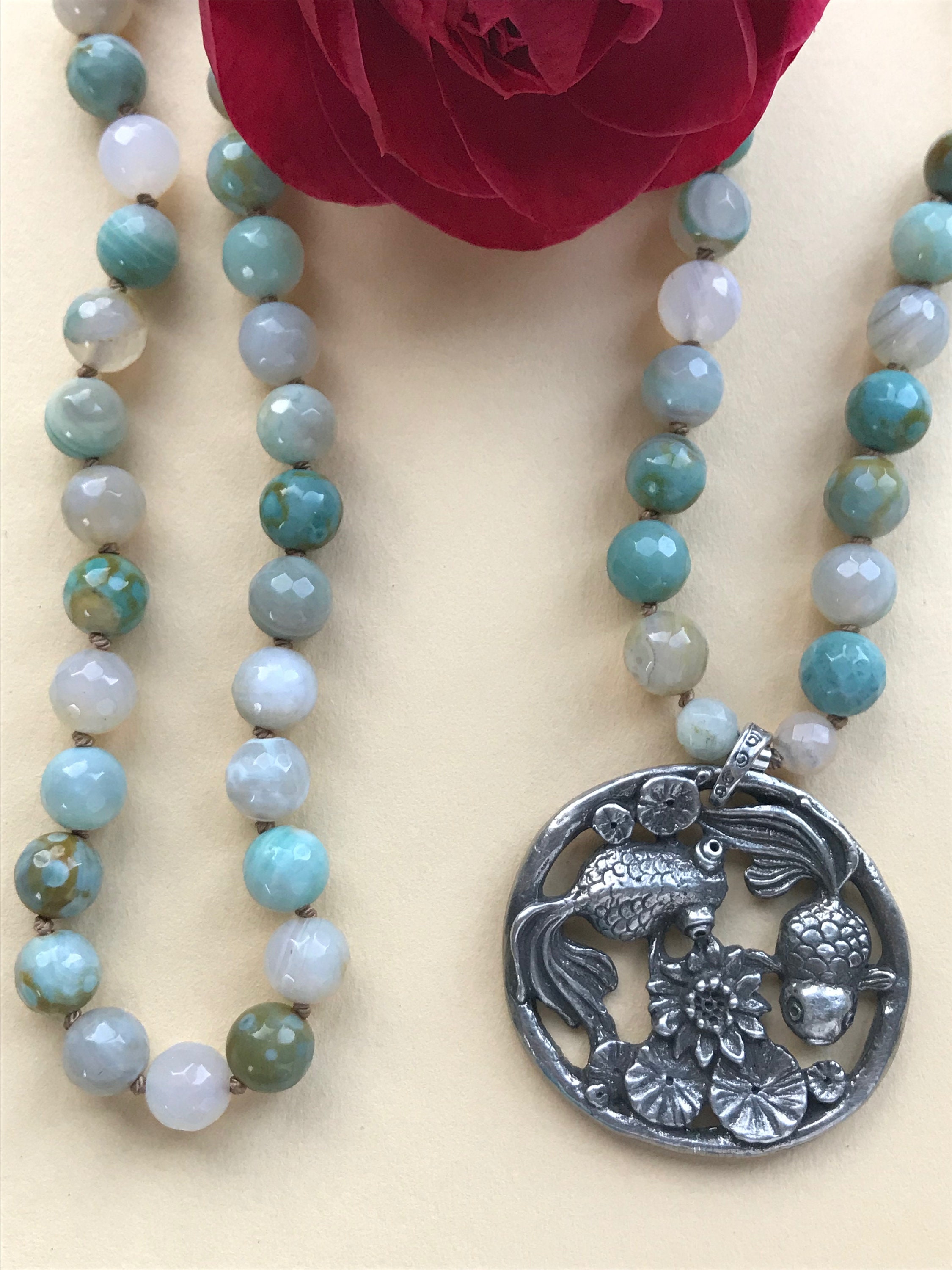 Teal Banded Agate Gemstone Necklace With Pewter green Girl Koi Pendant ...