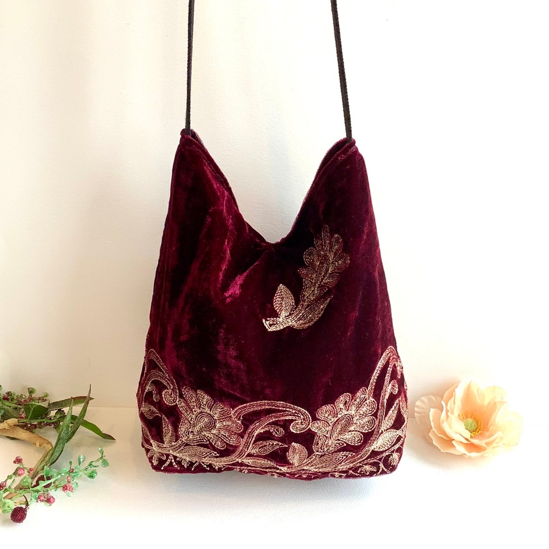 Deep Red Embroidered Velvet Crossbody Shoulder Slouch Hobo Bag ...