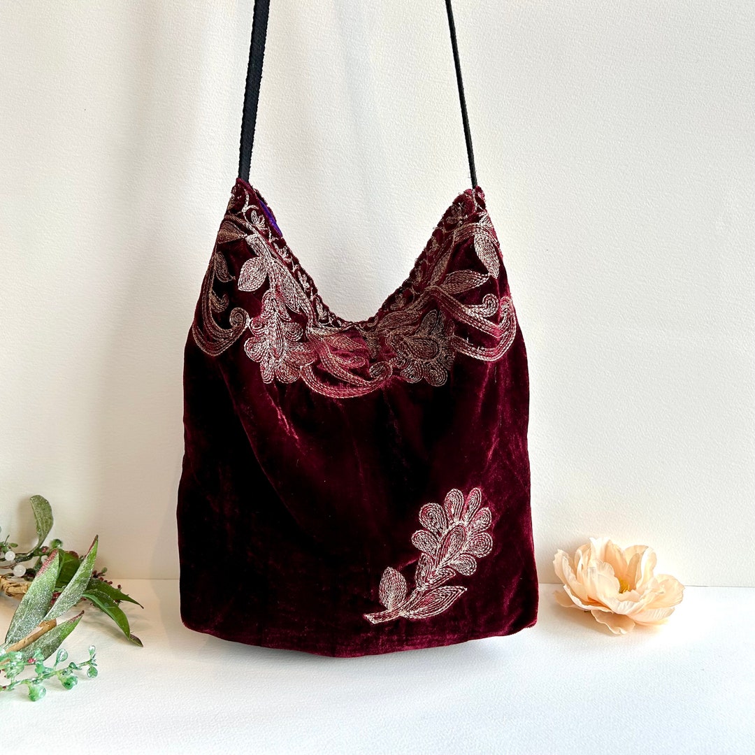 Deep Red Embroidered Velvet Crossbody Handmade Shoulder Slouch - Etsy