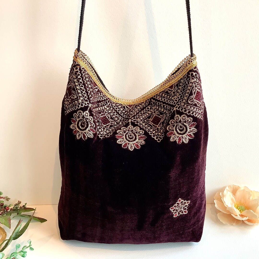 Rich Brown Embroidered Velvet Crossbody Shoulder Slouch Hobo Bag ...
