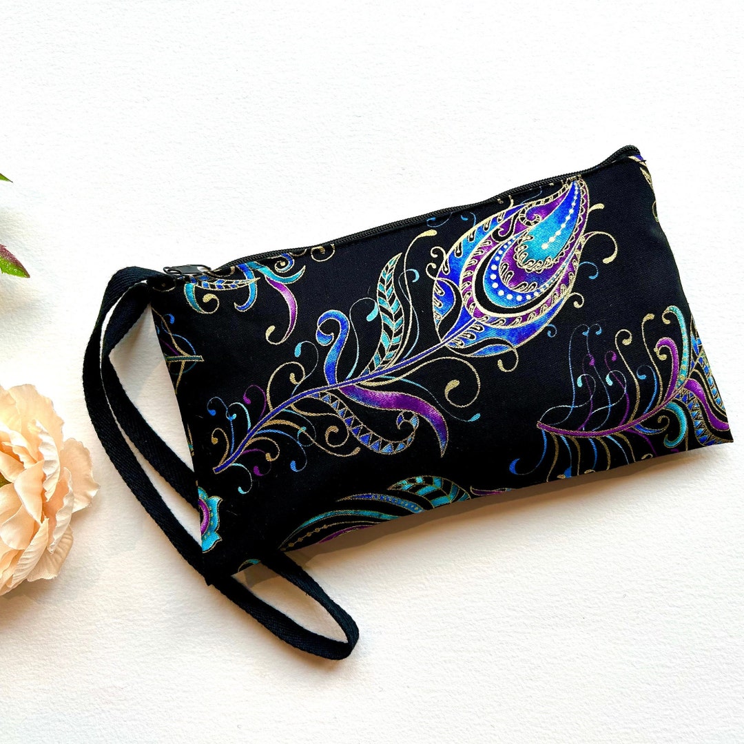 Peacock Feathers Print Clutch Zipped Purse Handcrafted Wristlet Makeup ...