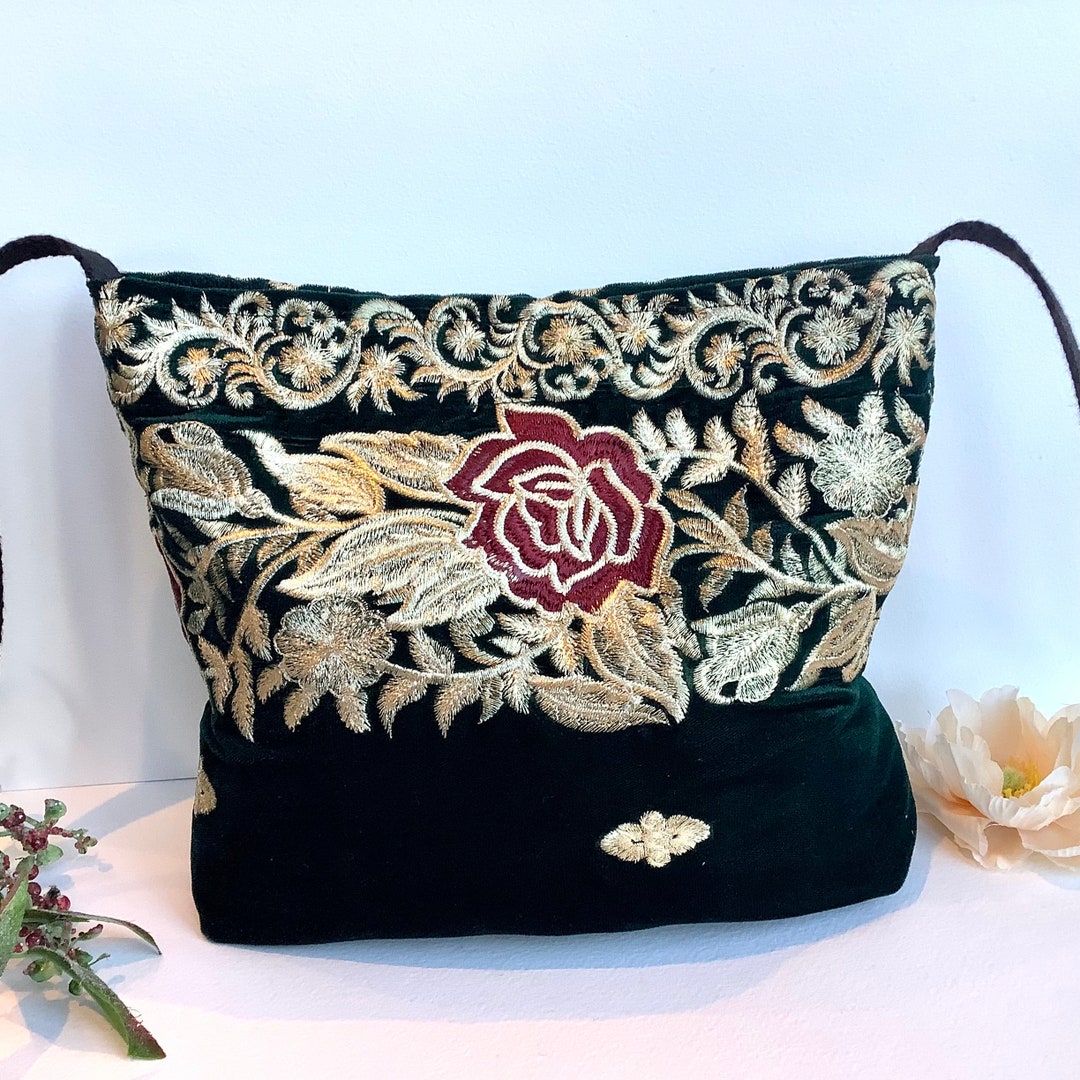 Emerald Green Gold Embroidered Velvet Crossbody Handmade - Etsy