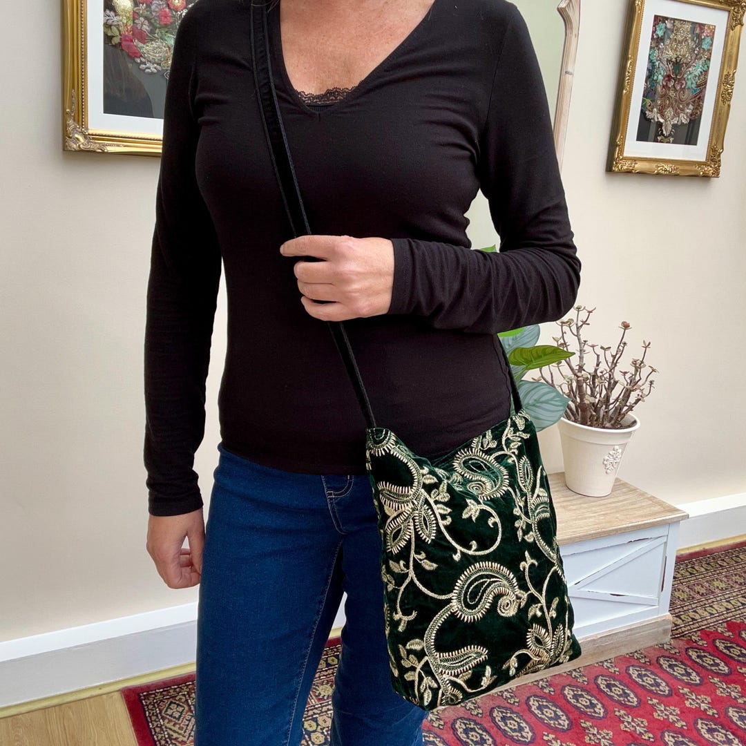 Green Embroidered Velvet Crossbody Shoulder Slouch Hobo Bag. Handmade ...