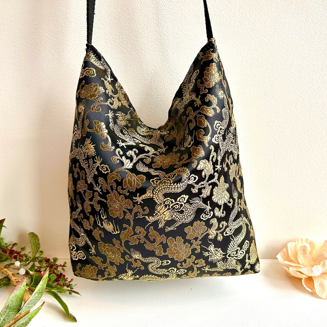 Black and Gold Chinese Brocade Dragon Crossbody Shoulder Slouchy Hobo ...