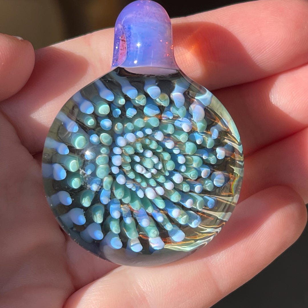 Hand Made Glass Implosion Pendant Necklace With Teal and Pink Slyme Dots - Etsy