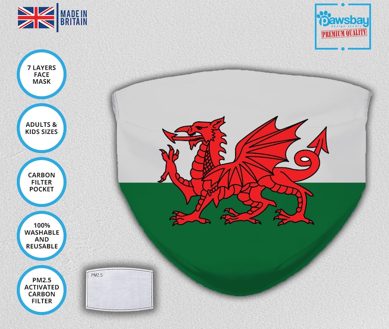 Welsh Flag Face Mask wales flag mask Reusable premium custom | Etsy