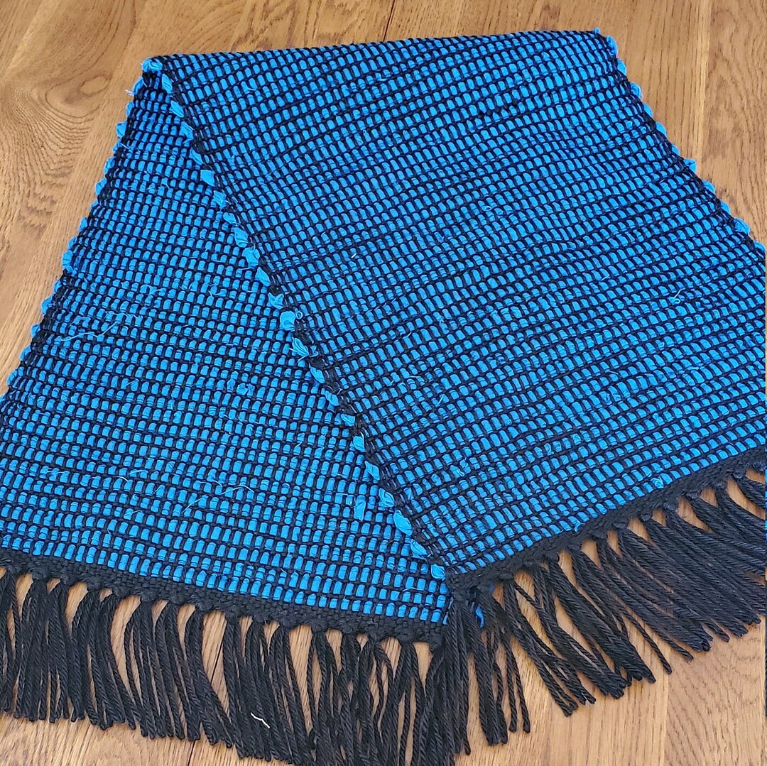 Woven Table Mat, Handwoven Piano Runner, Dresser Scarf, Blue and Black ...