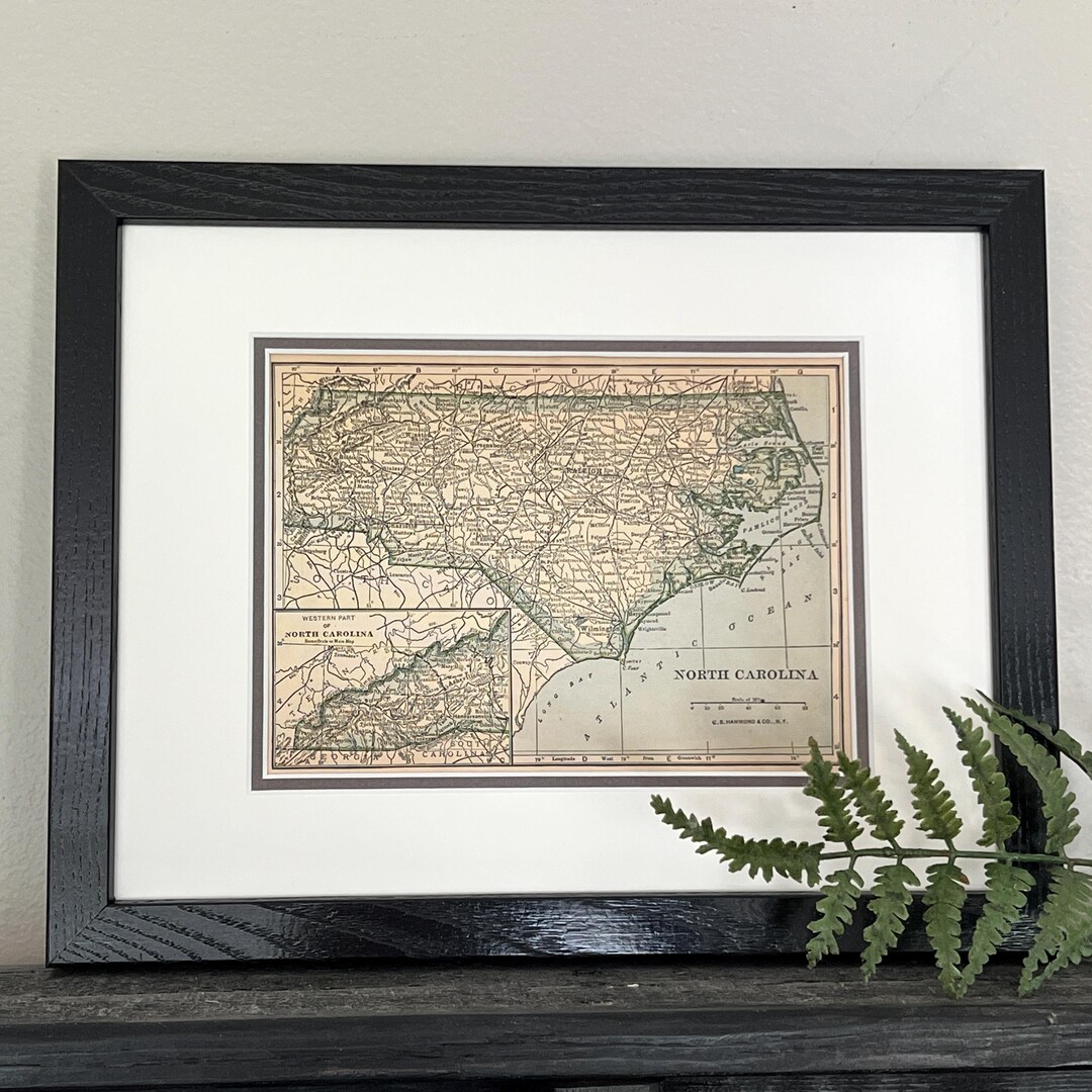 North Carolina Map, Original Vintage Framed North Carolina Map, Father ...