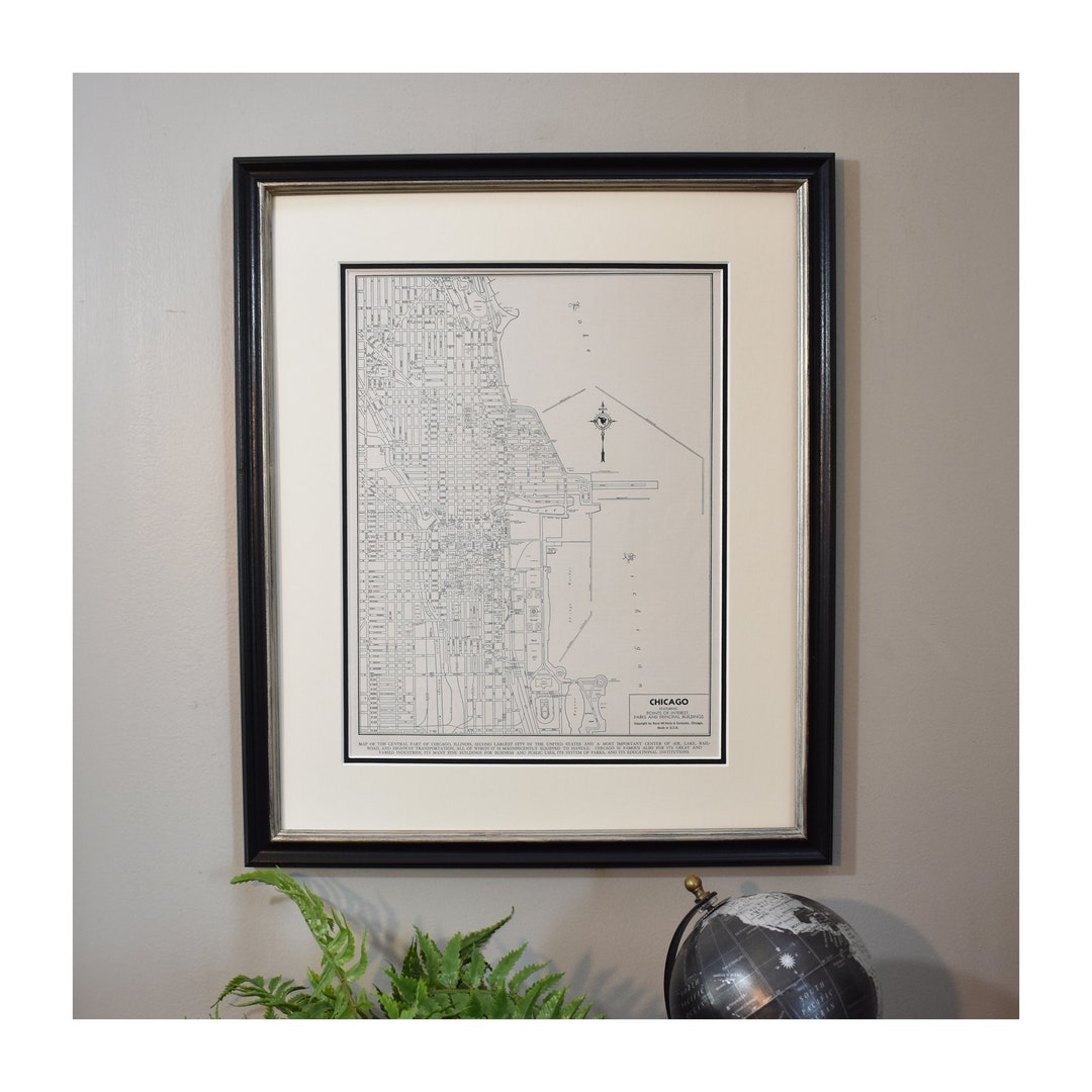 Framed Chicago City Map, Vintage Chicago, Illinois Map, Original 1940s ...