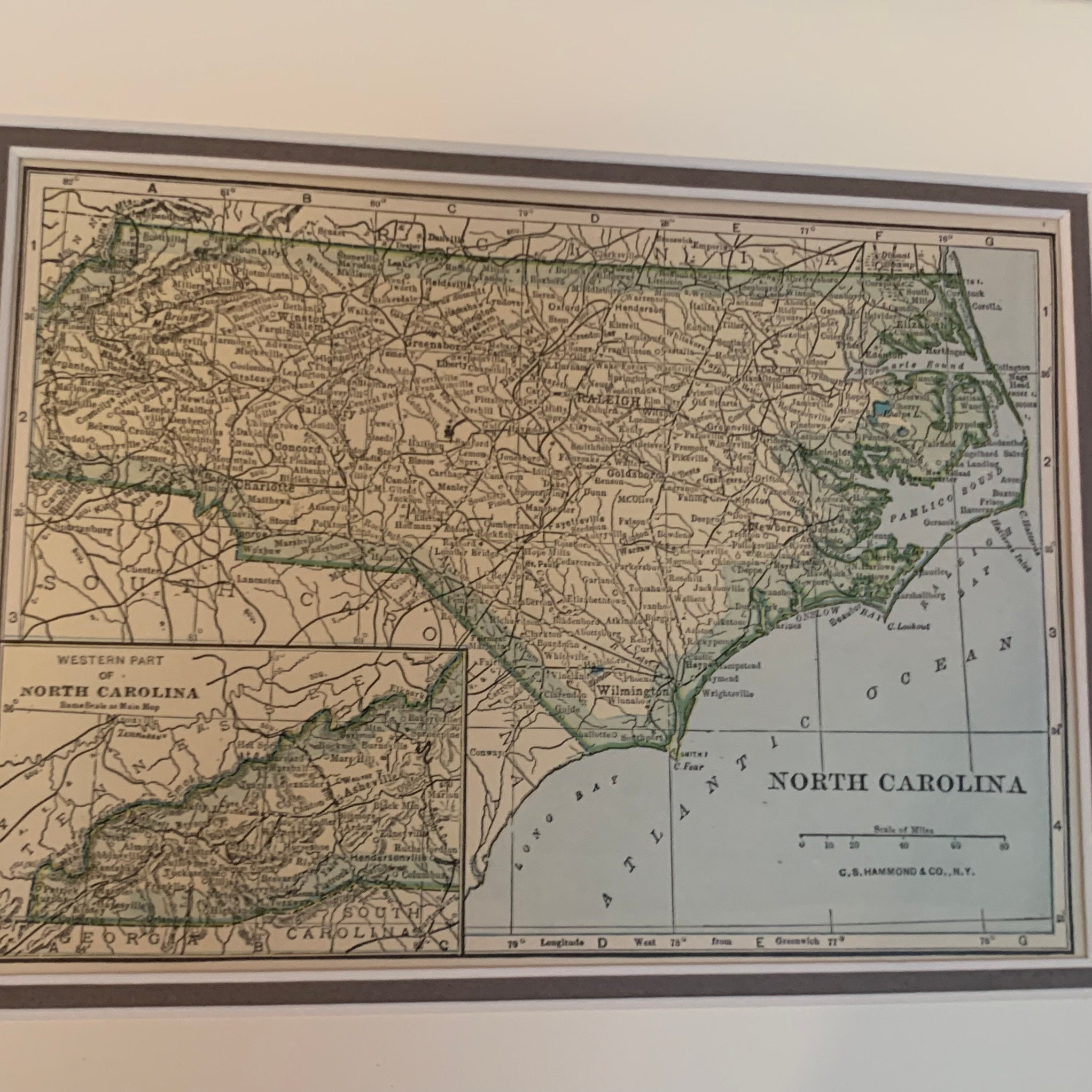 North Carolina Map Original Vintage Framed North Carolina - Etsy