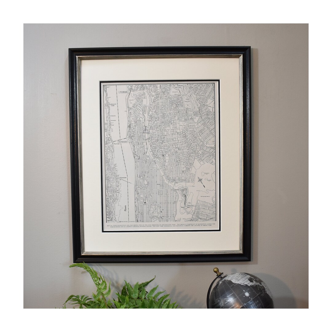 Framed New York City Map, Vintage Upper Manhattan Map, Original 1940s ...