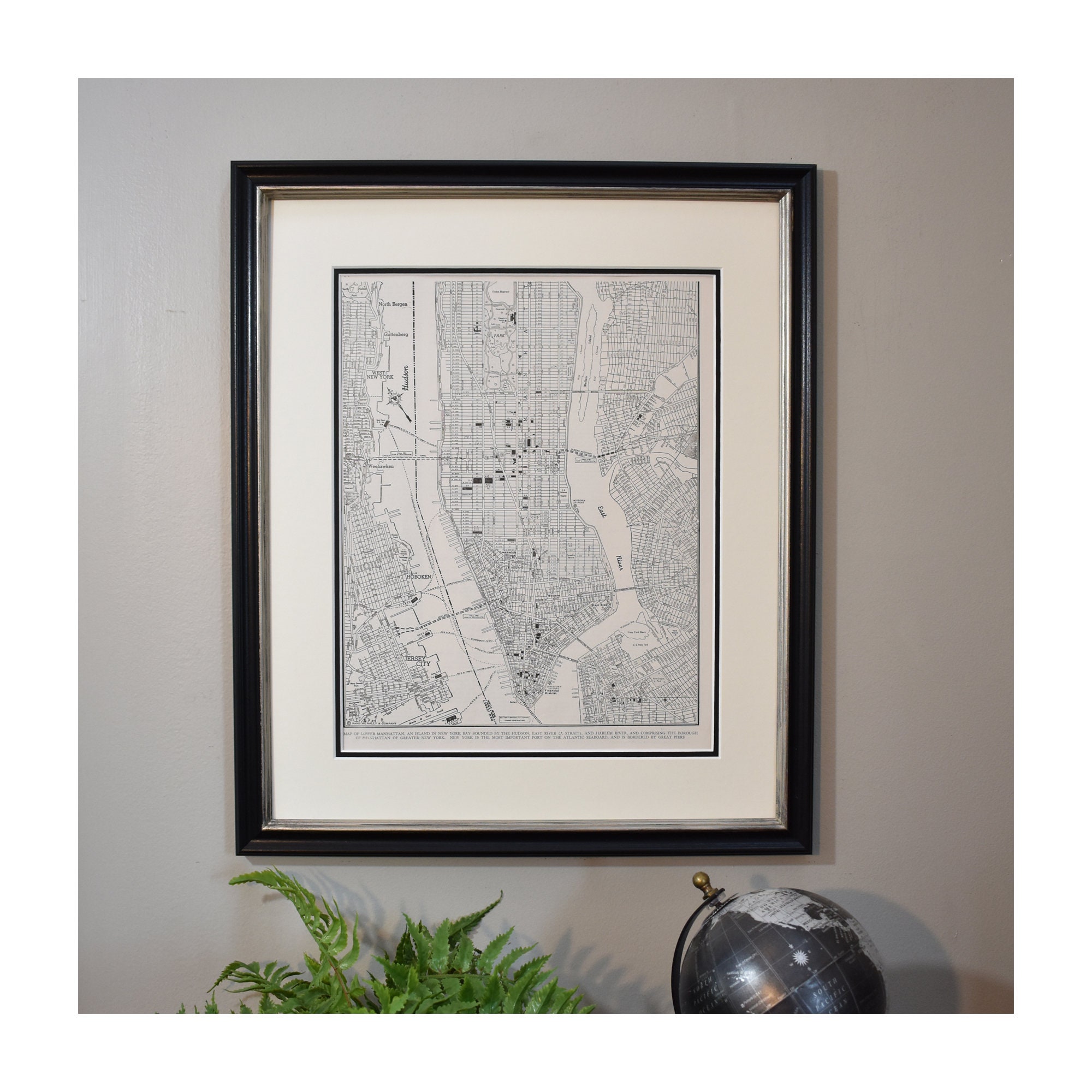 Framed New York City Map, Original Vintage Lower Manhattan Map ...