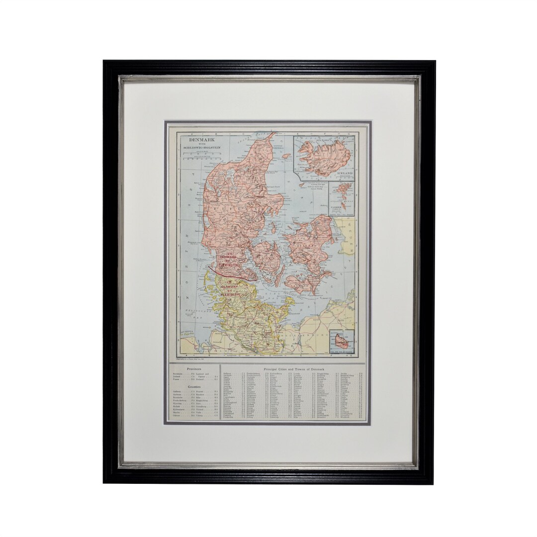 Vintage Denmark Framed Map, Original Denmark Map, Antique 1920 Denmark ...