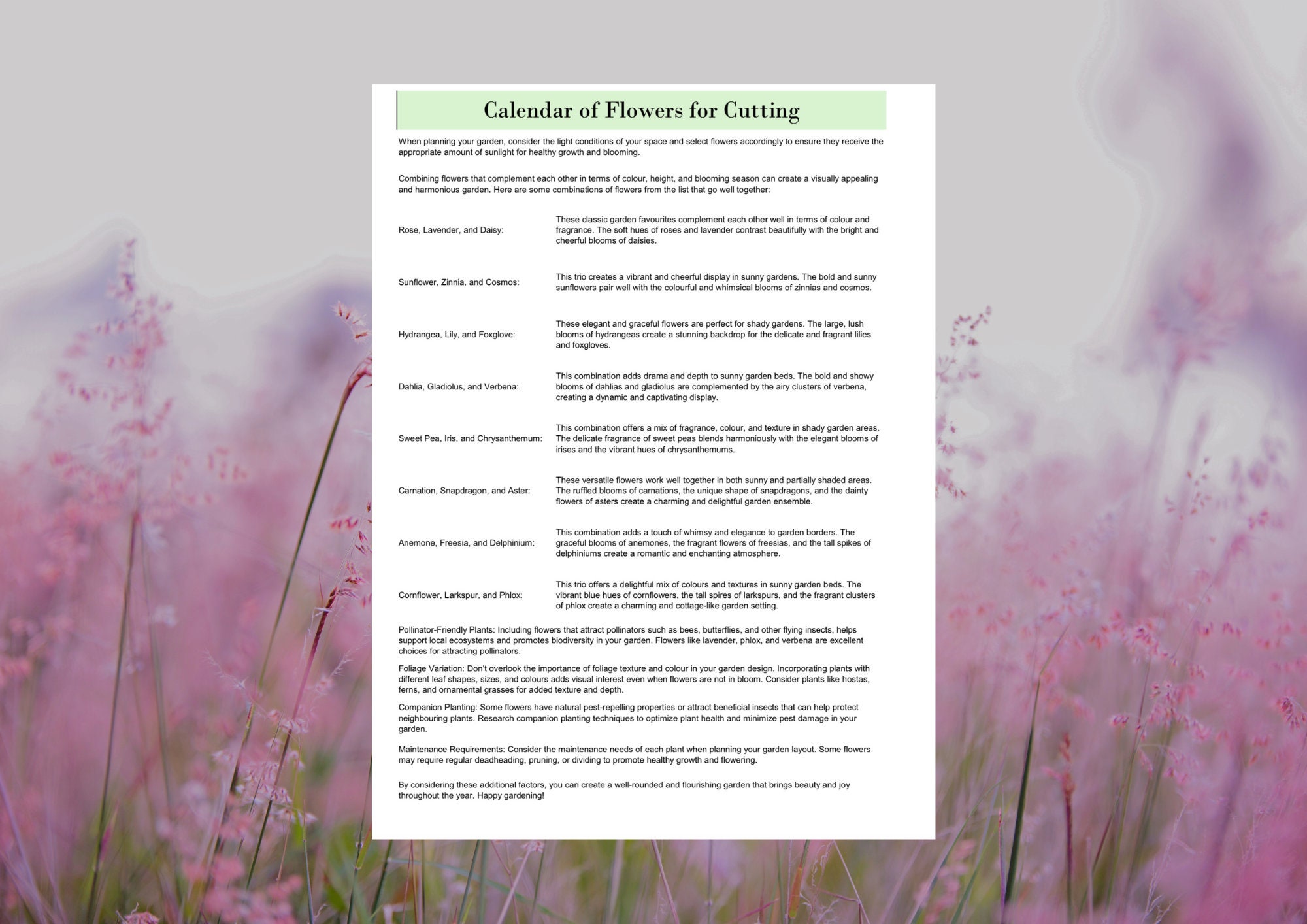 Calendar of British Flowers for Cutting, A4 Size, Gardeners Gift ...