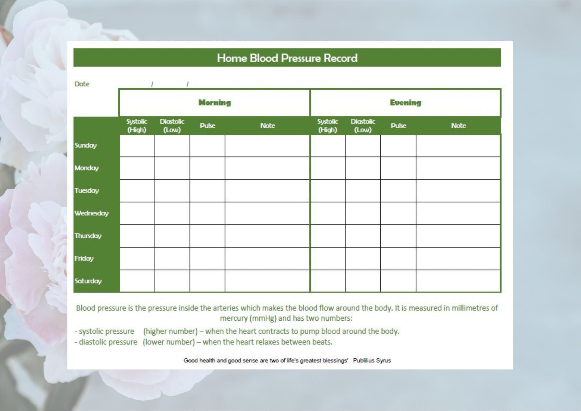 Blood Pressure Chart, Log, Medical Record, Daily Report, Digital ...