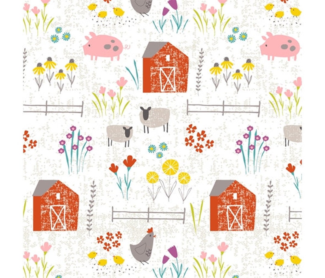 Farm Animals Fabric | Animal | Farm | Pigs | Sheep | Hen | Flowers ...