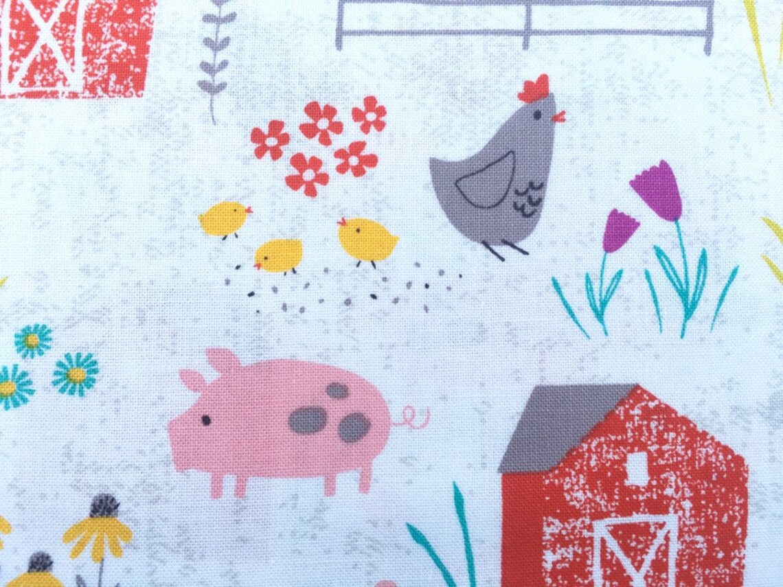 Farm Animals Fabric | Animal | Farm | Pigs | Sheep | Hen | Flowers ...