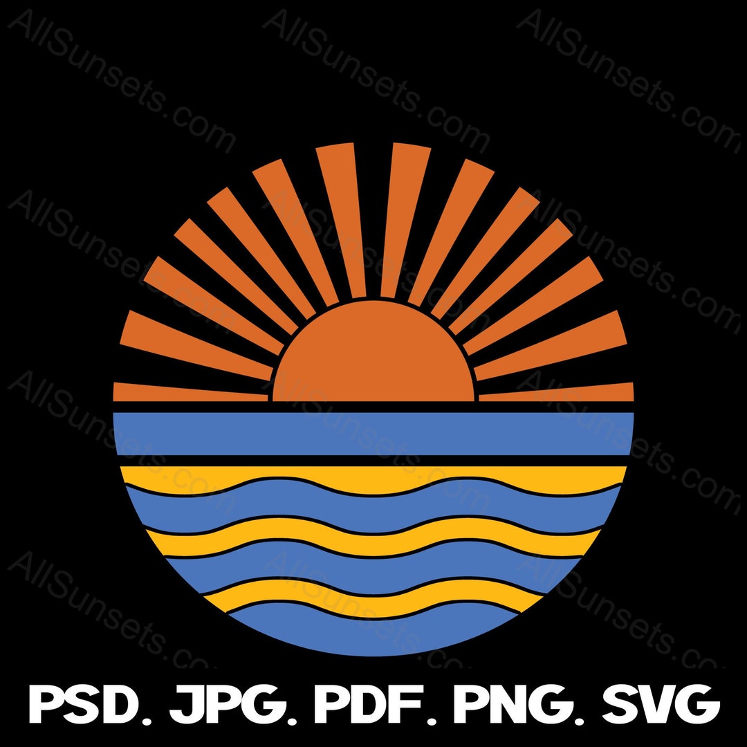 Retro Sunset Ocean Waves Sun Rays PNG SVG Pdf Jpg Psd Files Clipart ...