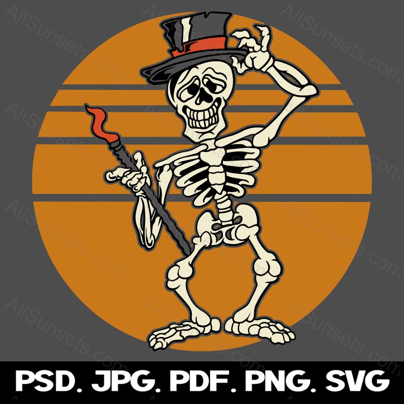 Skeleton Halloween Sunset Svg Png Pdf Psd Jpg File Types Skull Top Hat ...