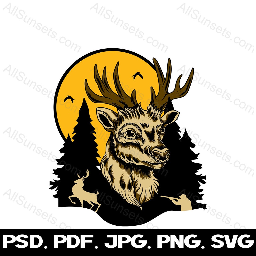 Deer Buck Head Trees Scene Svg Png Jpg Pdf Psd File Types Hunting ...