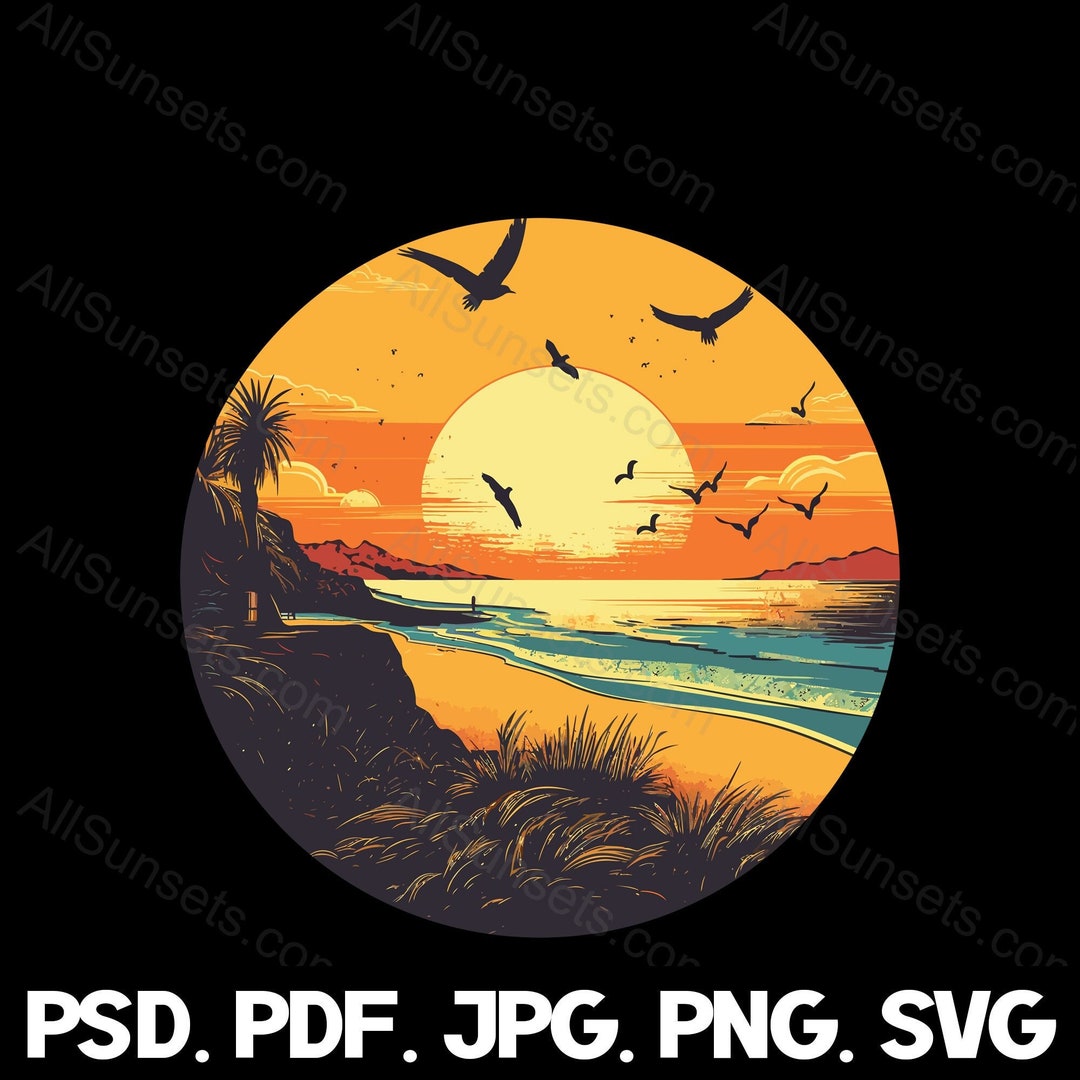 Beach Ocean Setting Sunset Svg Png Jpg Pdf Psd File Types Retro Ocean ...