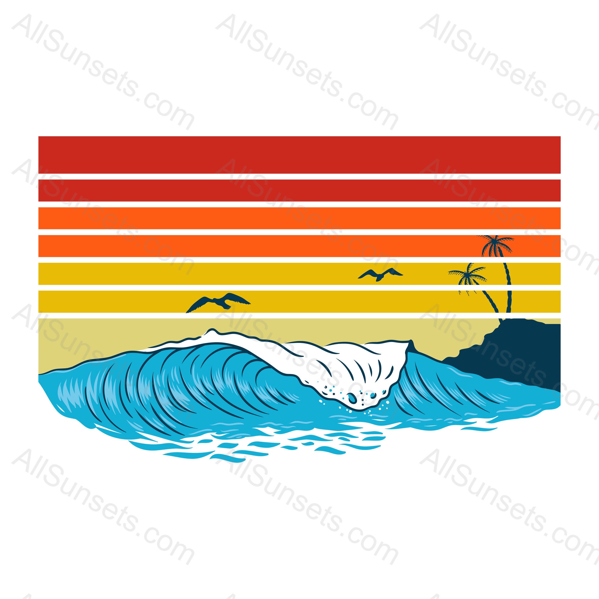 Retro Sunset With Waves Horizontal PNG Clip Art Multi Color Palette ...