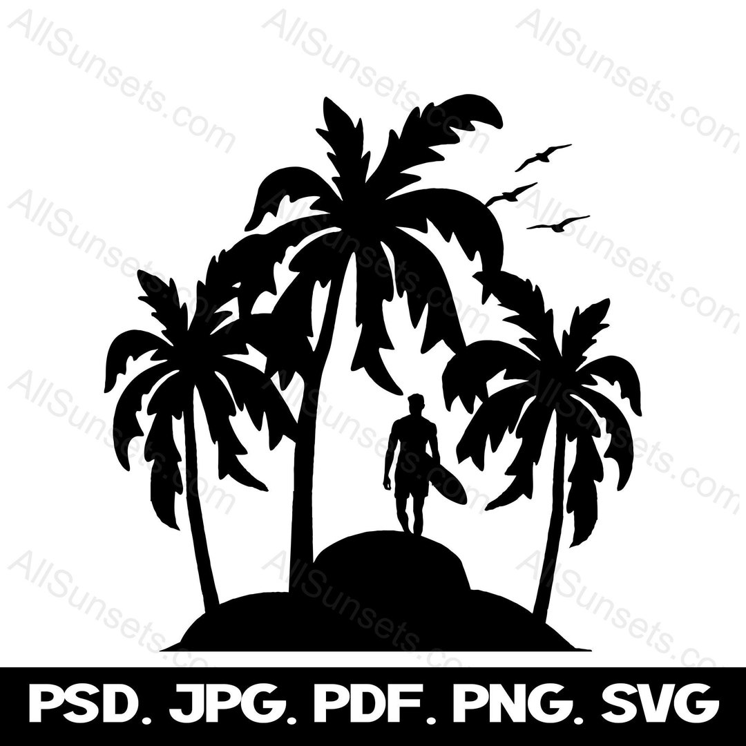 Palm Trees Surfer Beach Scene Svg Png Psd Jpg Pdf File Types Graphic ...