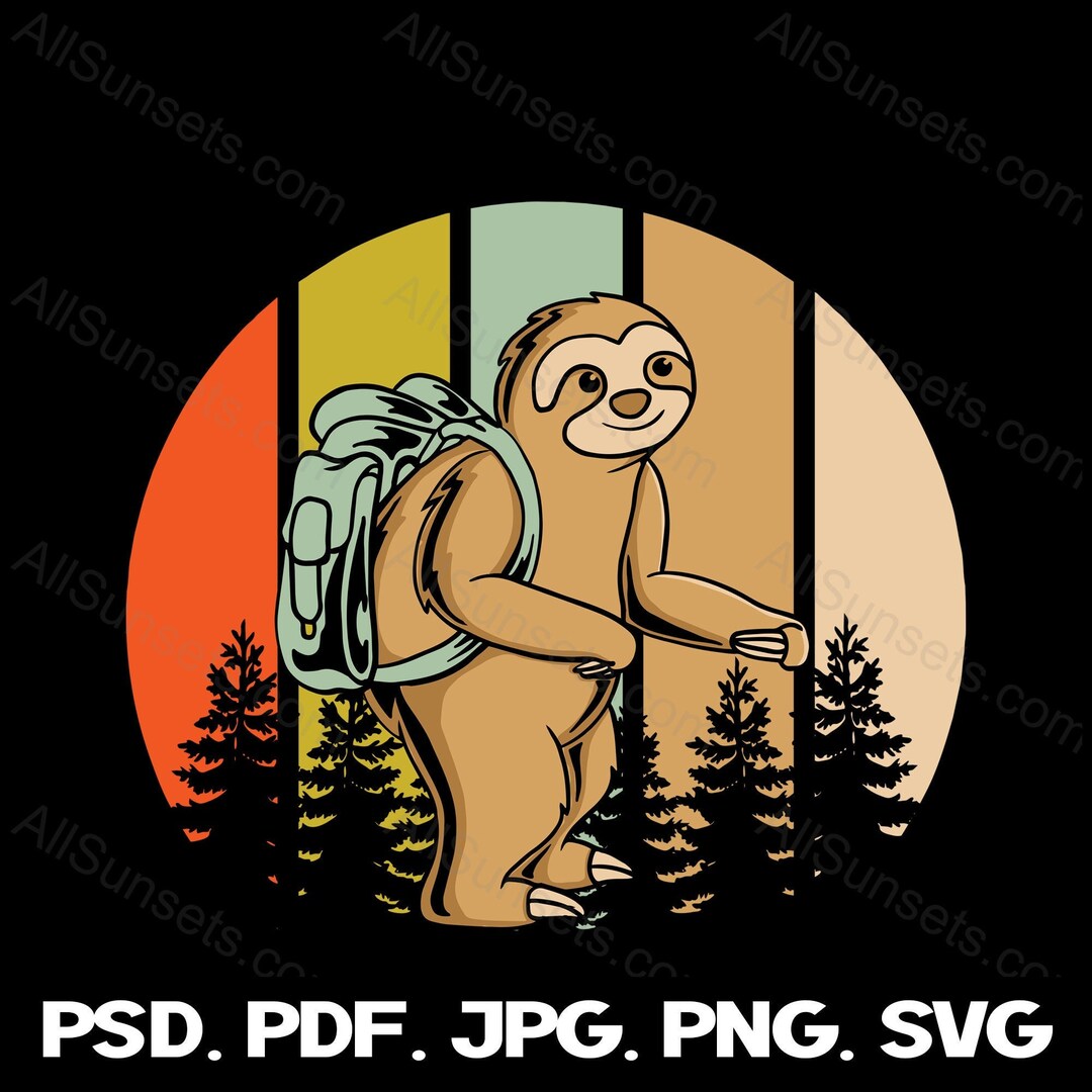 Sloth Hiking Forest Retro Sunset Svg Png Pdf Psd Jpg File - Etsy