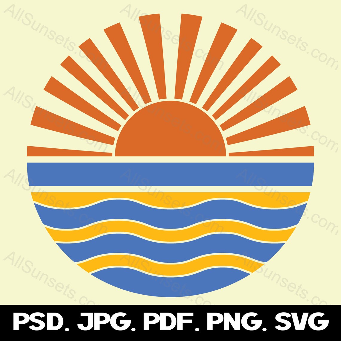 Retro Sunset Ocean Waves Sun Rays PNG SVG Pdf Jpg Psd Files - Etsy