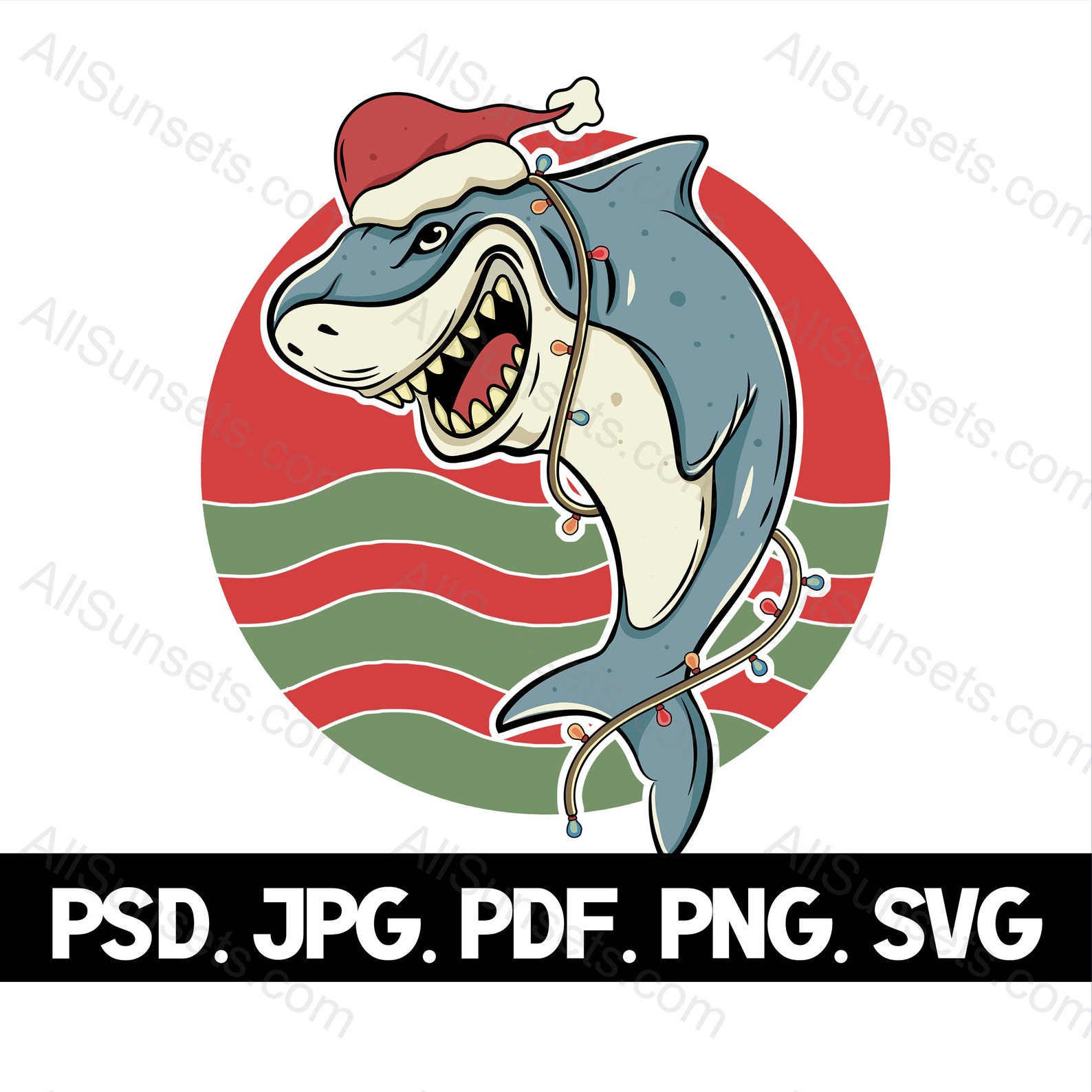 Santa Hat Shark Christmas Lights Wavy Retro Sunset PNG Pdf Psd Jpg SVG ...