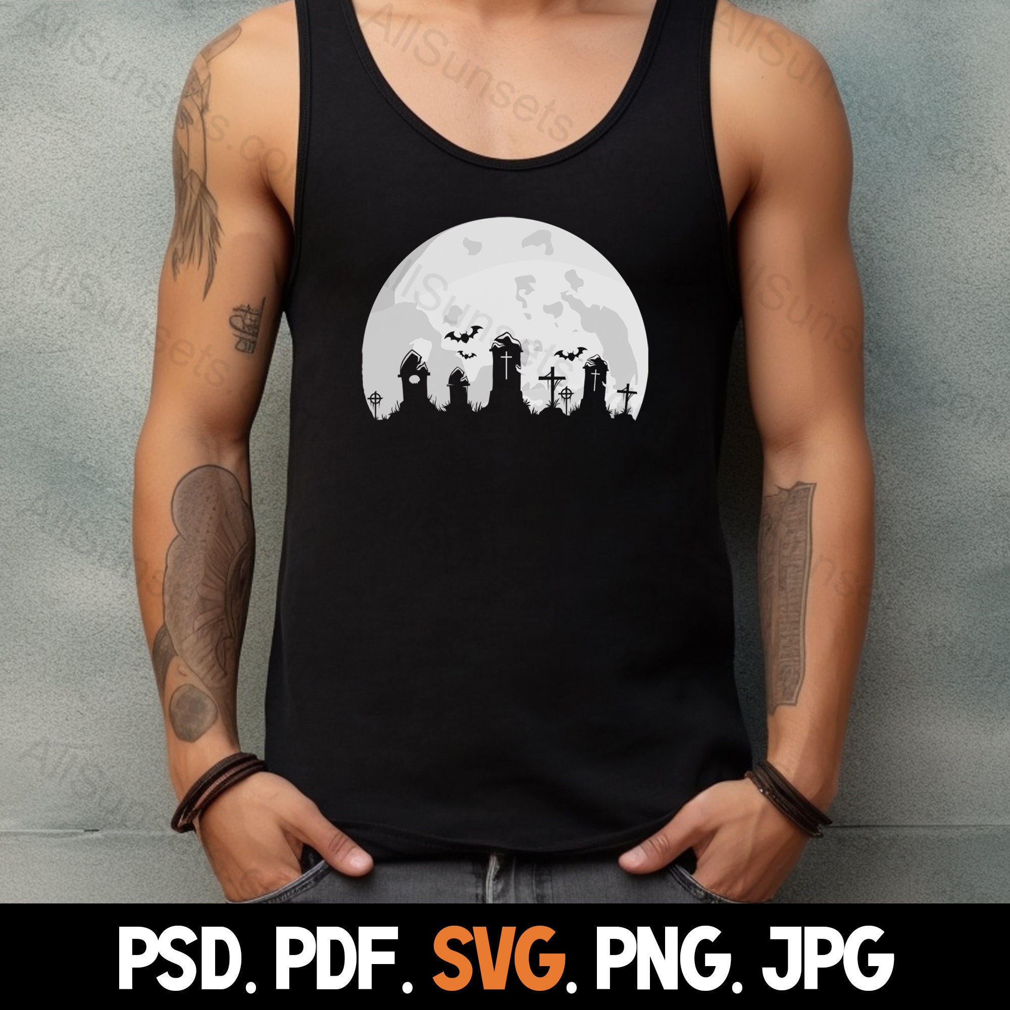 Halloween Full Moon Grey Graveyard Scene Svg Png Jpg Pdf Psd File Types ...
