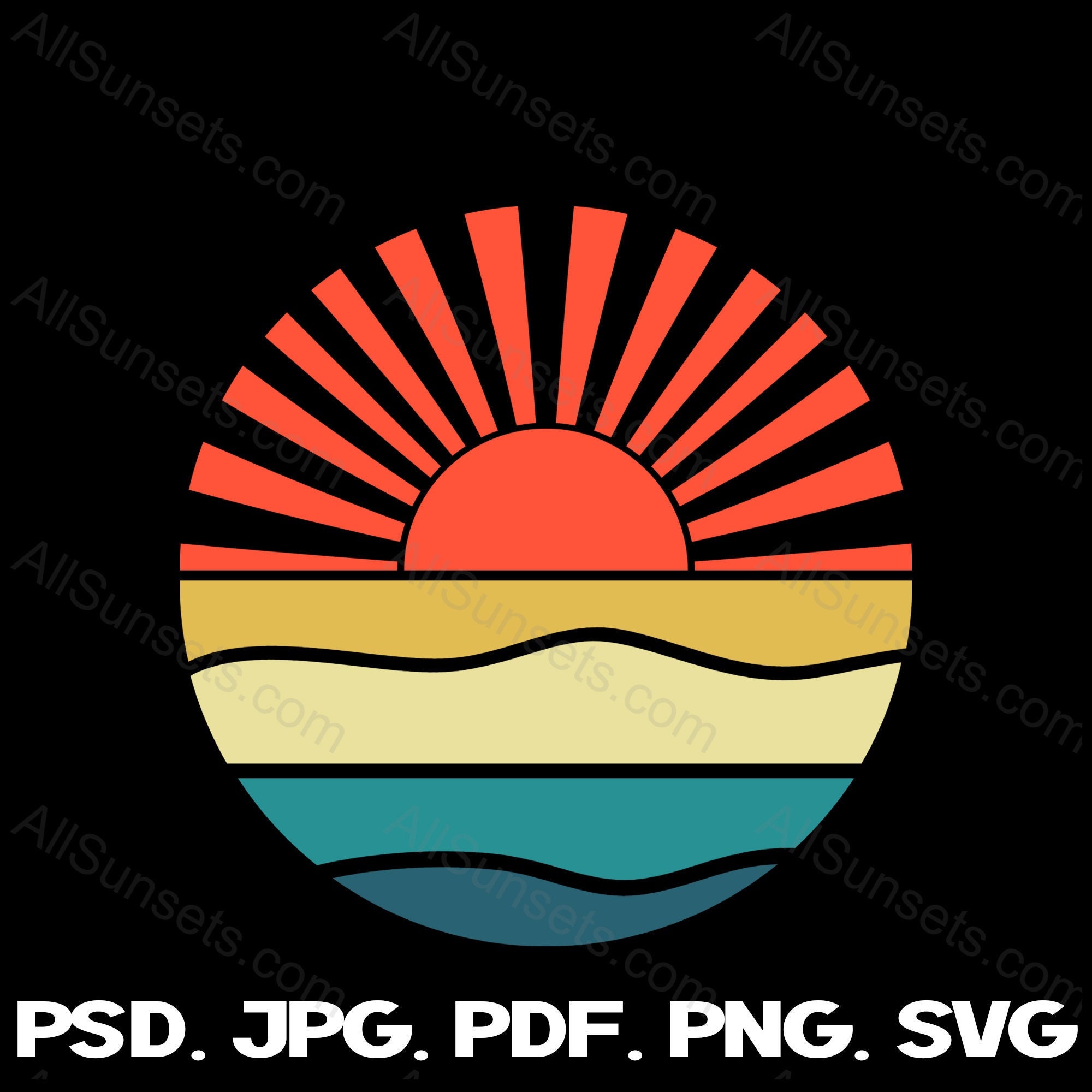 Retro Rays Sunset Water Wavy SVG Clipart Ocean Waves Sun Rays - Etsy
