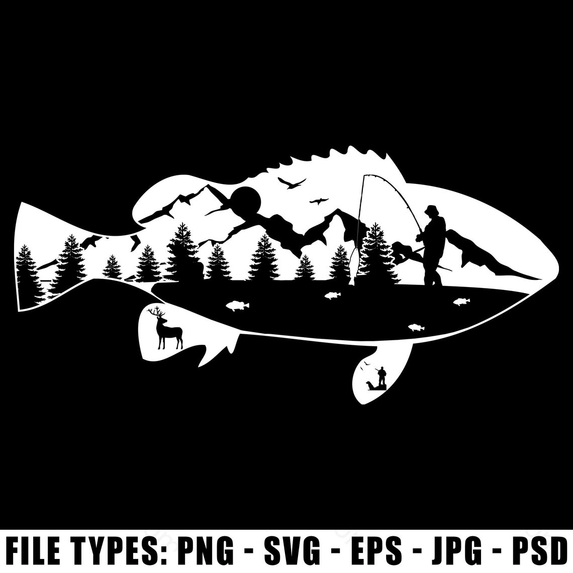 Fish Shape Cutout Clipart Mountain Forest Hunting and Bass - Etsy