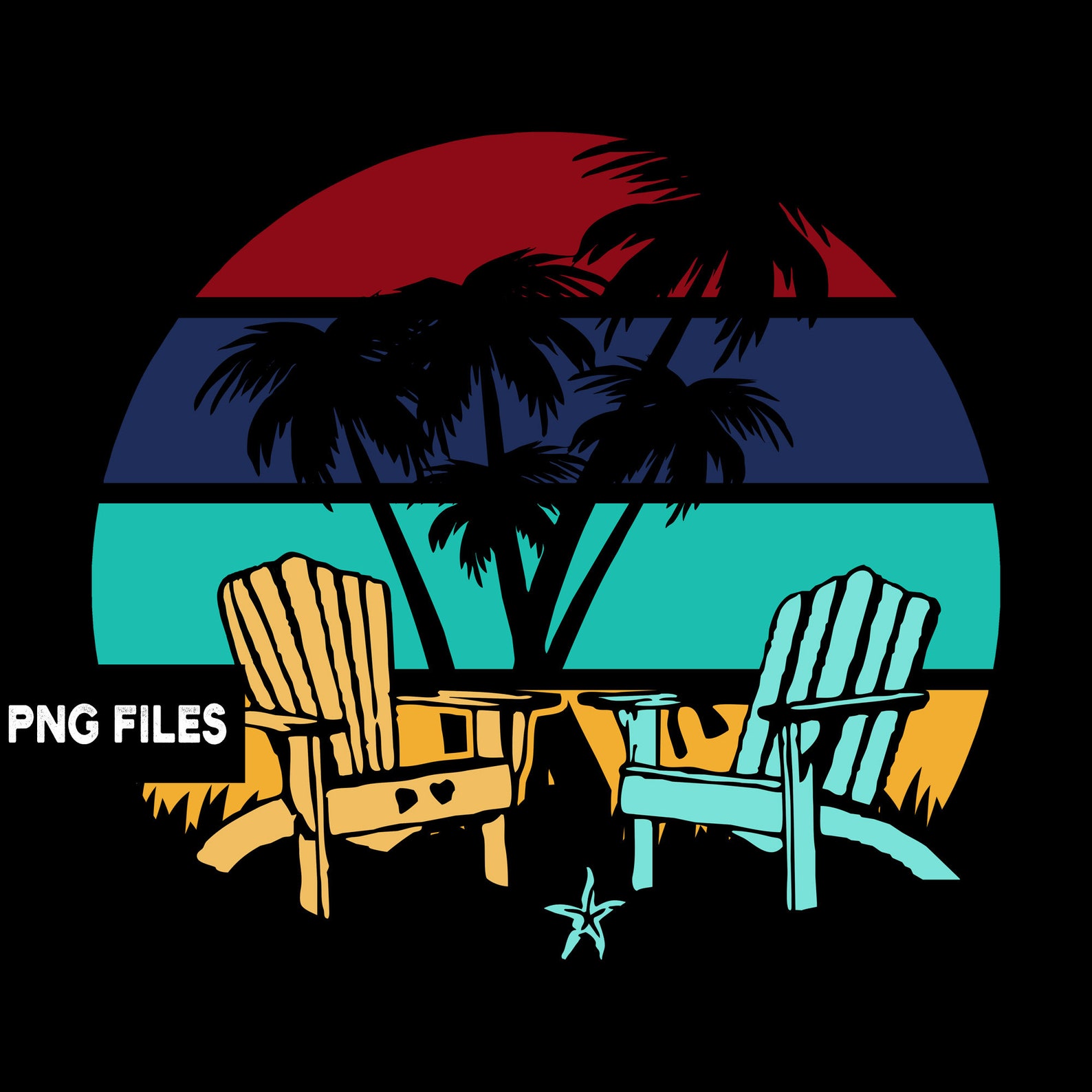 Beach Chairs Palm Trees Retro Sunset PNG Background Clip Art Print on ...