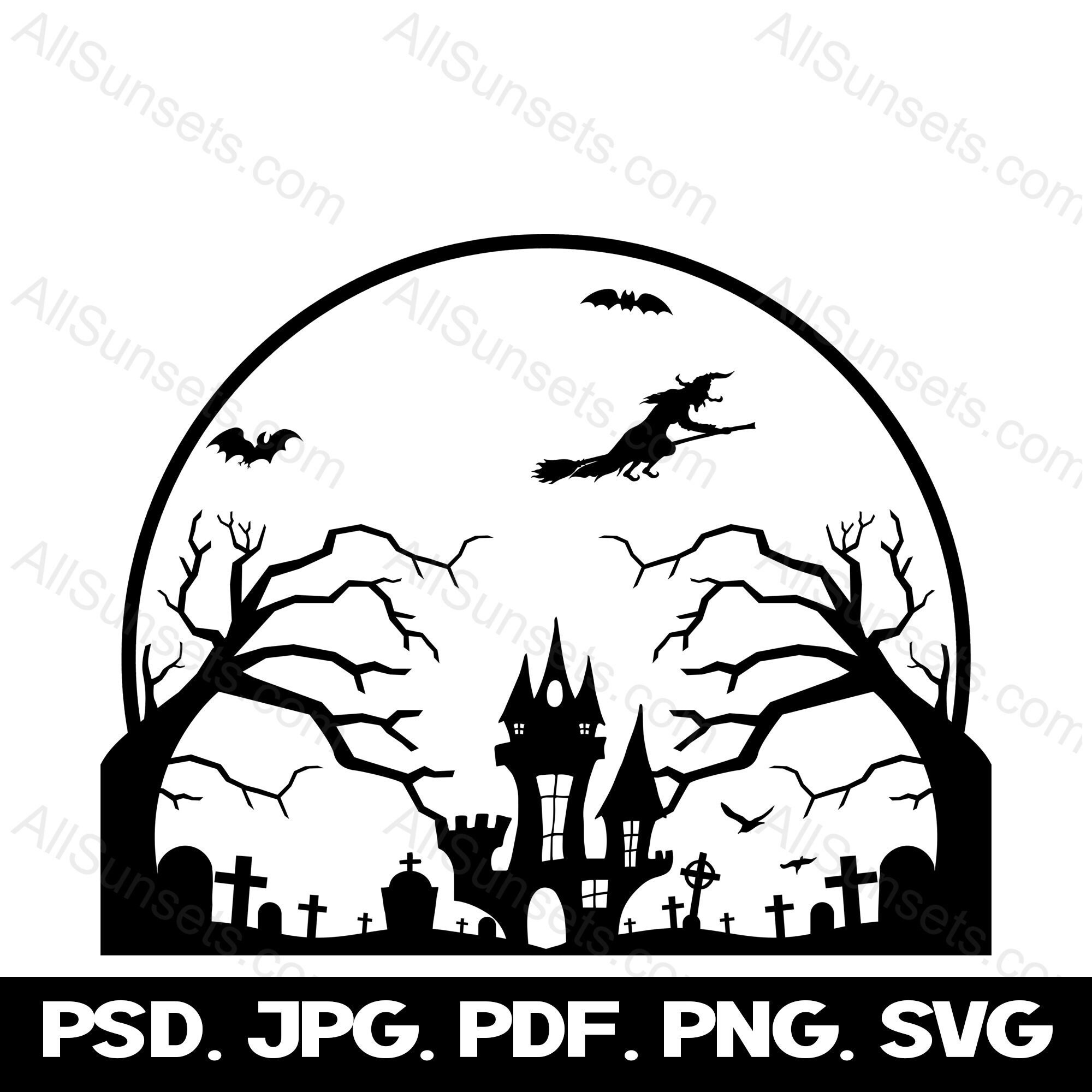Halloween Graveyard Silhouette Witch Svg Png Jpg Psd Pdf File Types ...