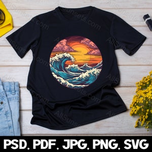 Ocean Waves Retro Sunset Circle Svg Png Psd Jpg Pdf Round Clipart Water ...