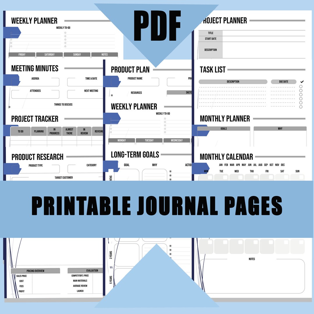 Project Planner Printable PDF Blue Themed 2 Pdfs Color and Greyscale ...