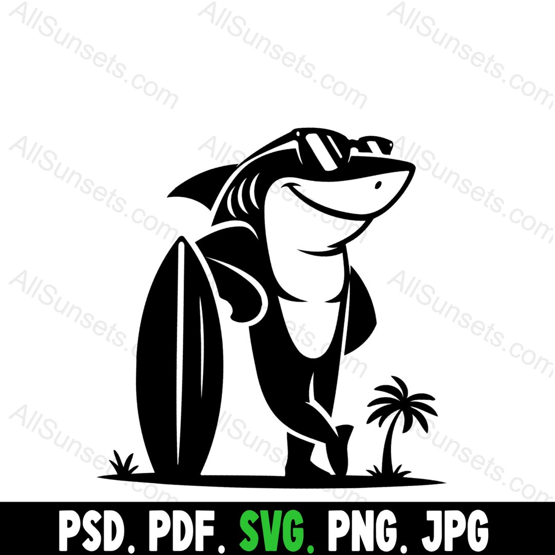 Surfer Shark Standing on Palm Tree Island Silhouette Svg Png Jpg Pdf ...