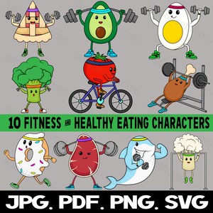 Healthy Exercise Fitness Characters Svg Png Pdf Jpg Broccoli Chicken ...