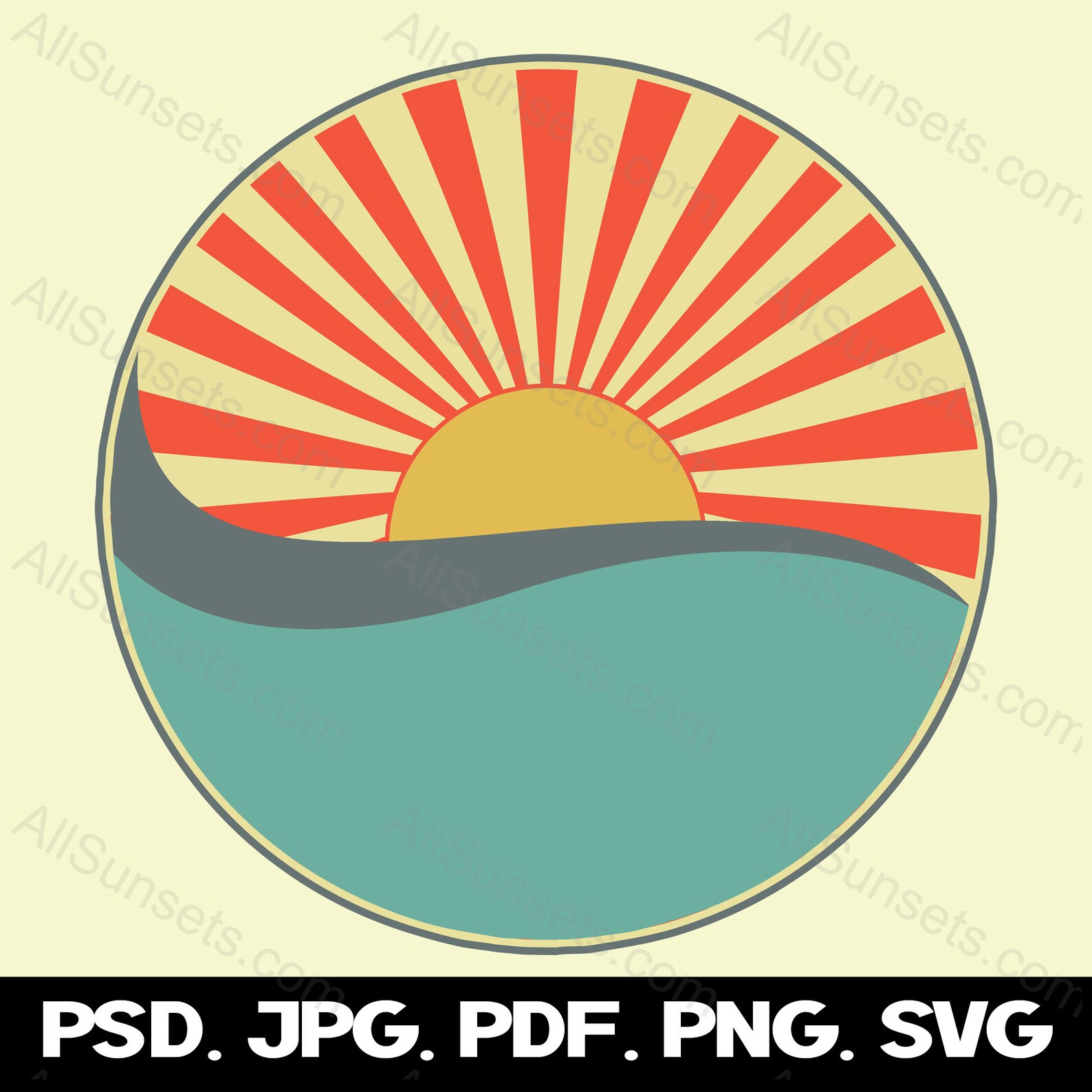 Sunset Sun Rays Ocean Waves Retro Colors Svg Png Jpg Psd Pdf - Etsy