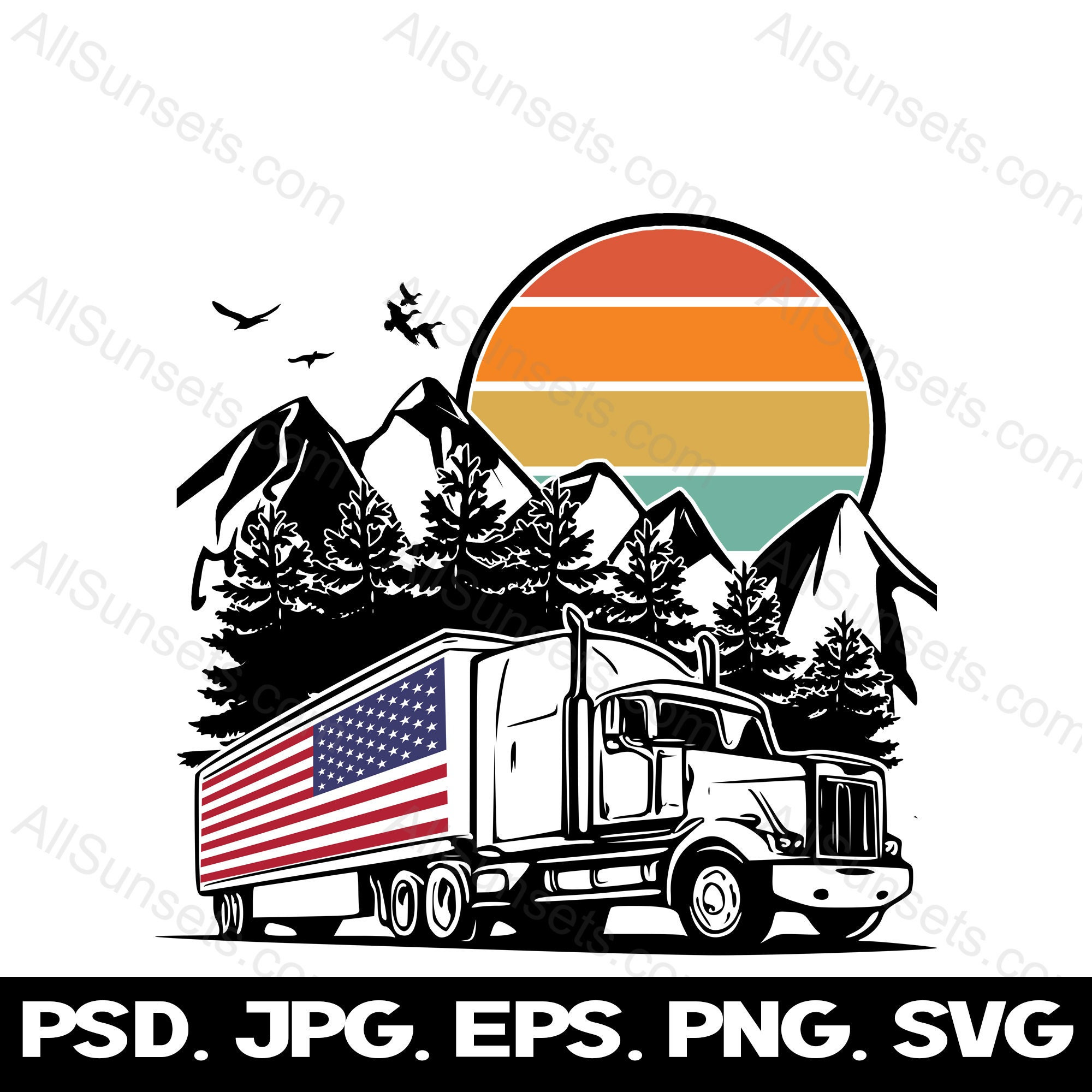 Semi Truck Trailer Driver Forest Retro Sunset PNG 18 Wheeler - Etsy