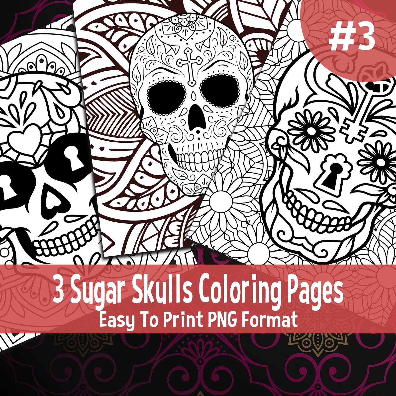 Sugar Skulls Adult Coloring Pages 3 Pack 3 Mexican Dia De Los | Etsy